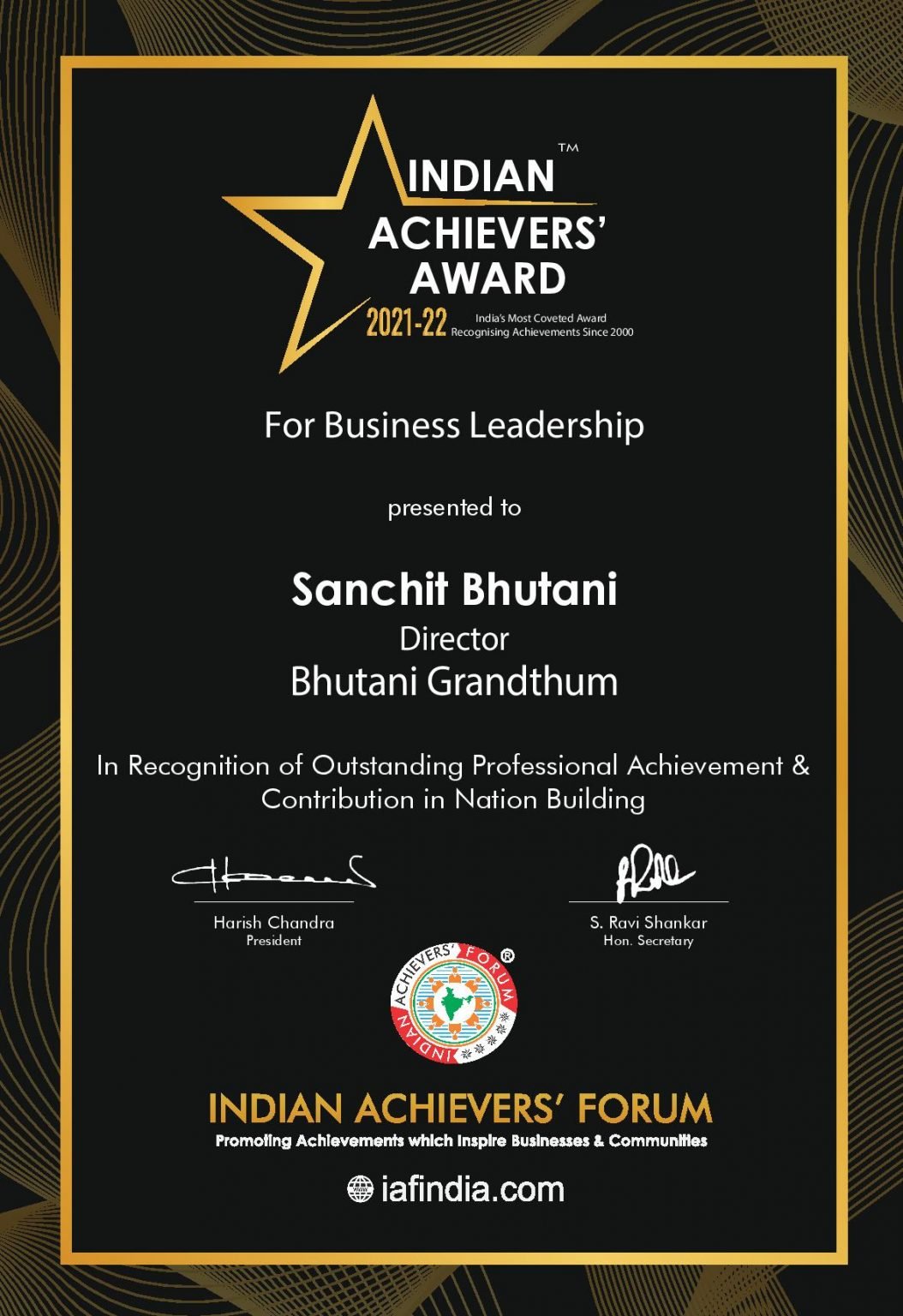 Mr. Sanchit Bhutani - Winner of Indian Achievers' Award 2022