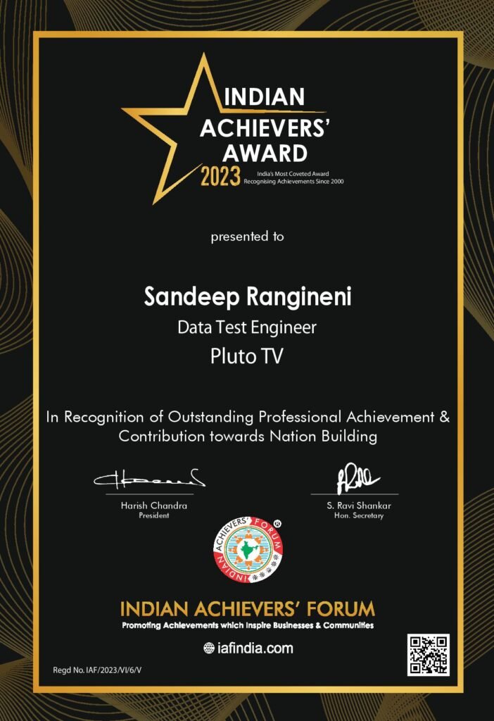 Mr. Sandeep Rangineni - Winner of Indian Achievers' Award 2022-23 Mr. Sandeep Rangineni - Winner of Indian Achievers' Award 2022-23