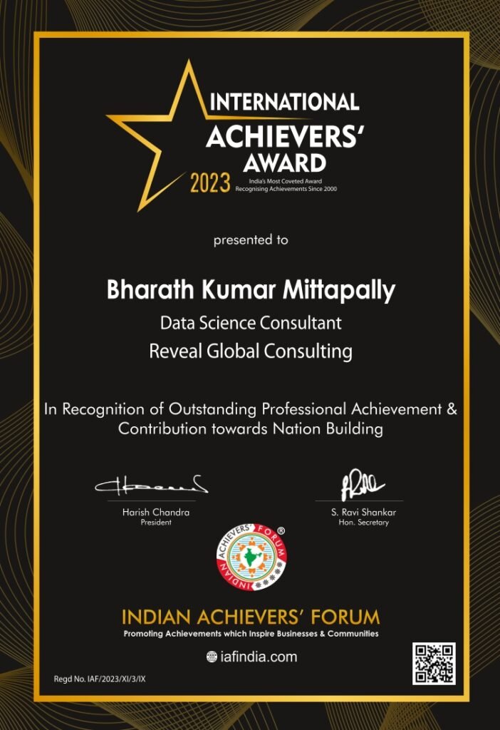 Mr. Bharath Kumar Mittapally - Winner of Indian Achievers' Award 2022-23