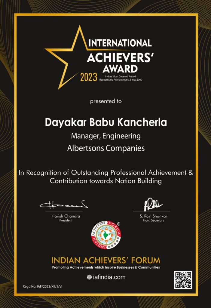 Mr. Dayakar Babu Kancherla - Winner of Indian Achievers' Award 2022-23