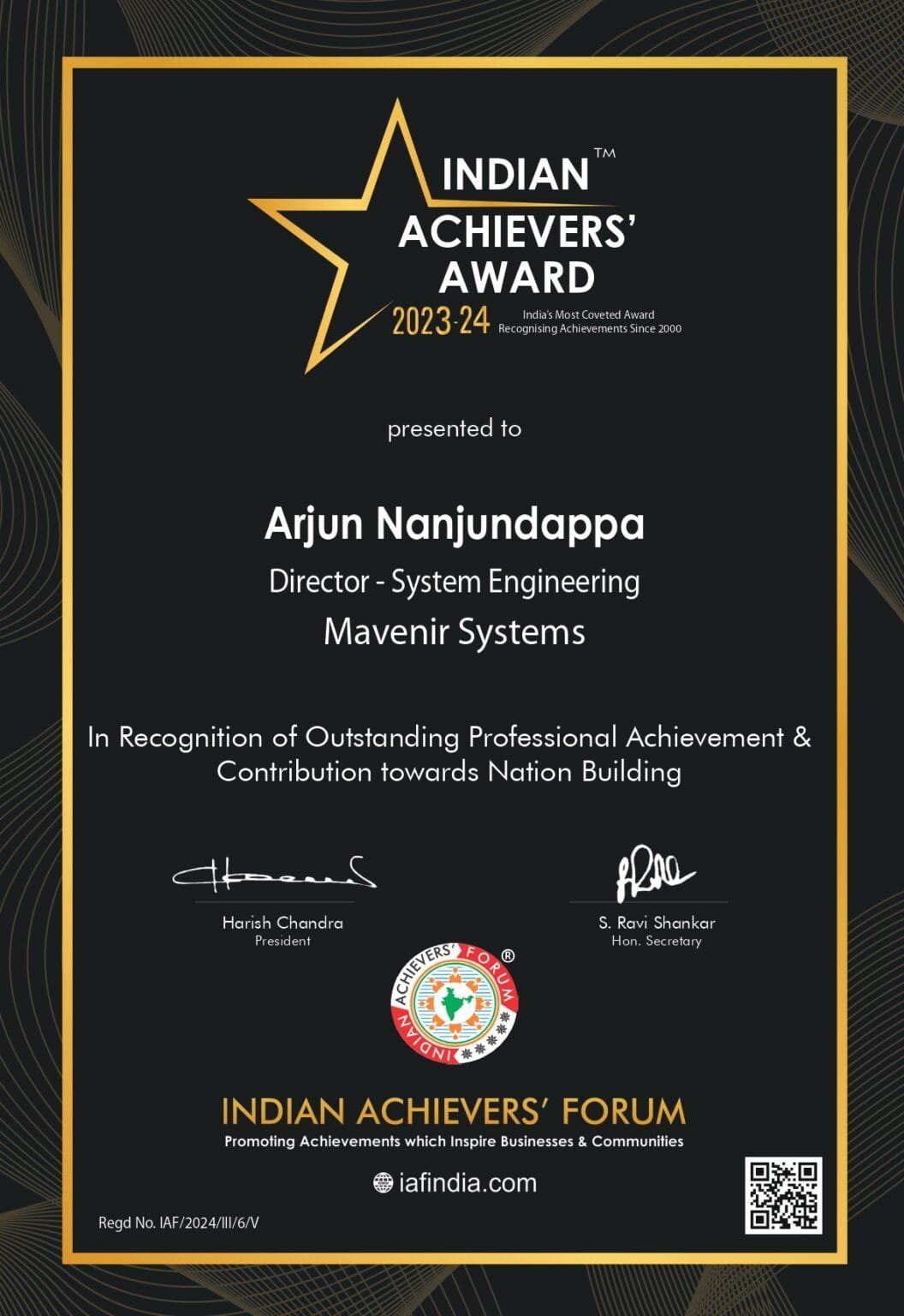Mr. Arjun Nanjundappa - Winner of Indian Achievers' Award 2024